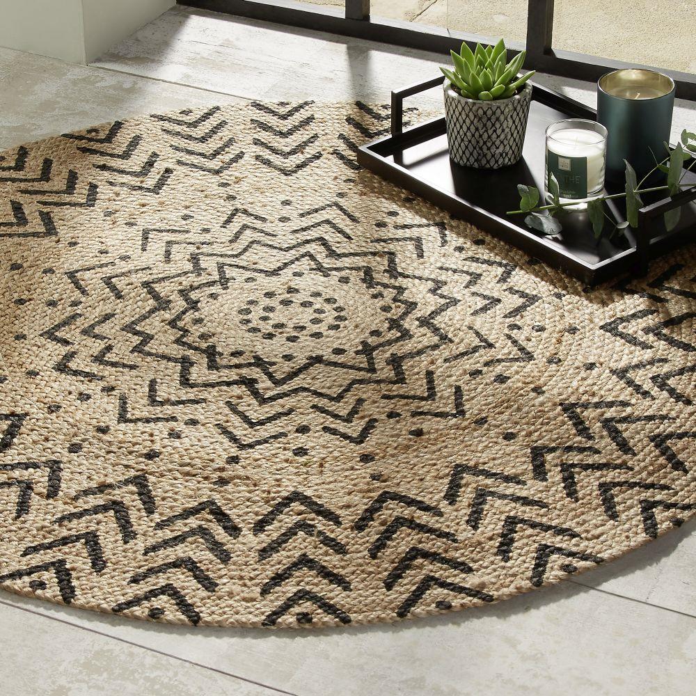 Covor Iuta rotund, Interior / Exterior, 120 cm, Negru / bej, natural ...